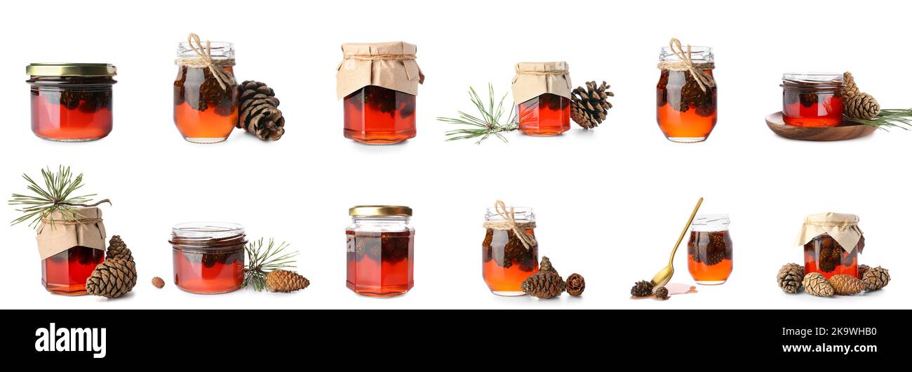 Collection of jars with tasty pine cone jam on white background Stock ...