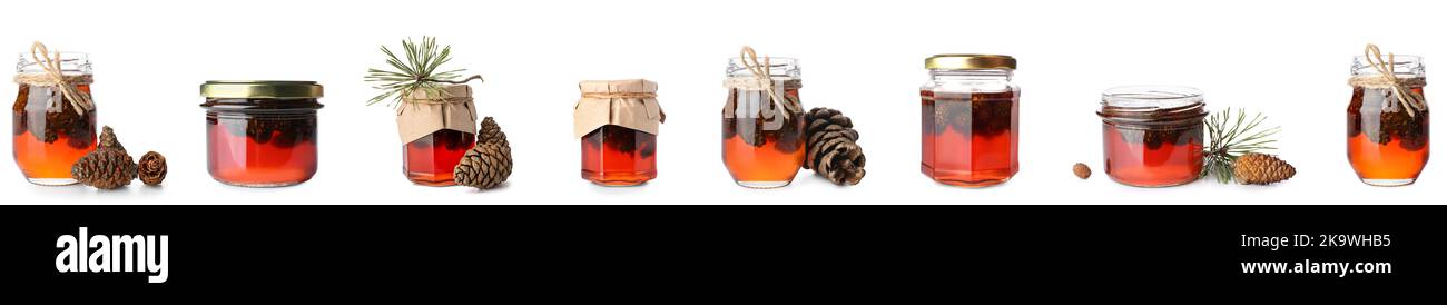 Collage of jars with tasty pine cone jam on white background Stock ...