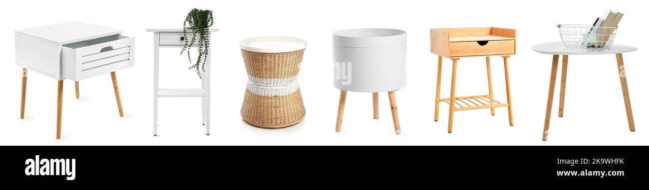 Collection of stylish bedside tables on white background Stock Photo ...
