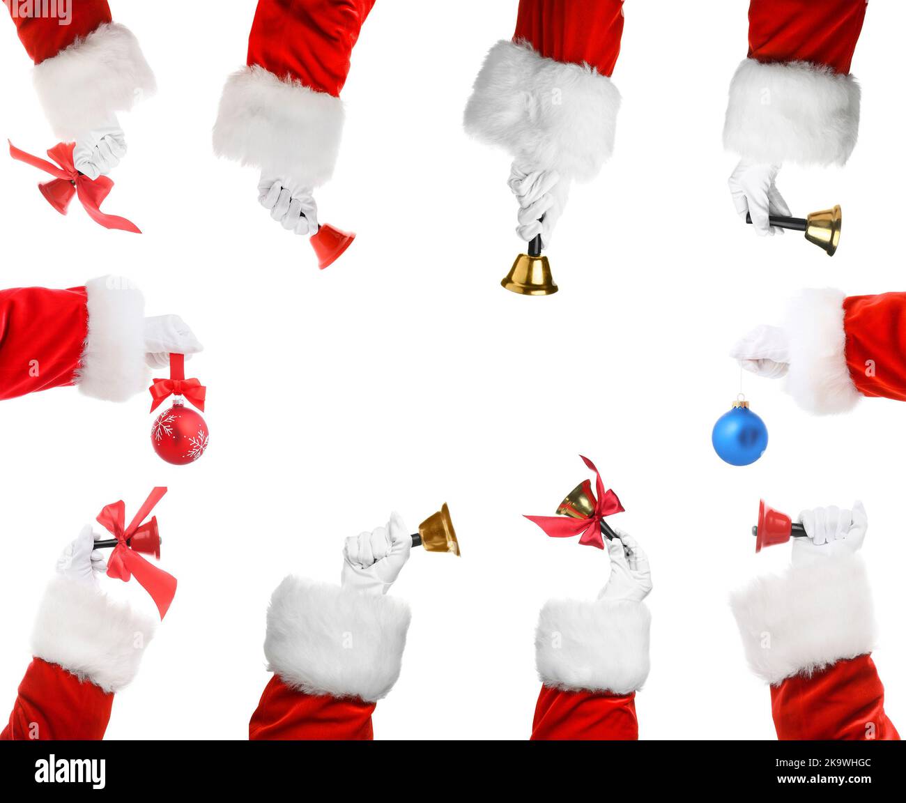 Collage of Santa Claus's hands with Christmas bells and balls on white ...