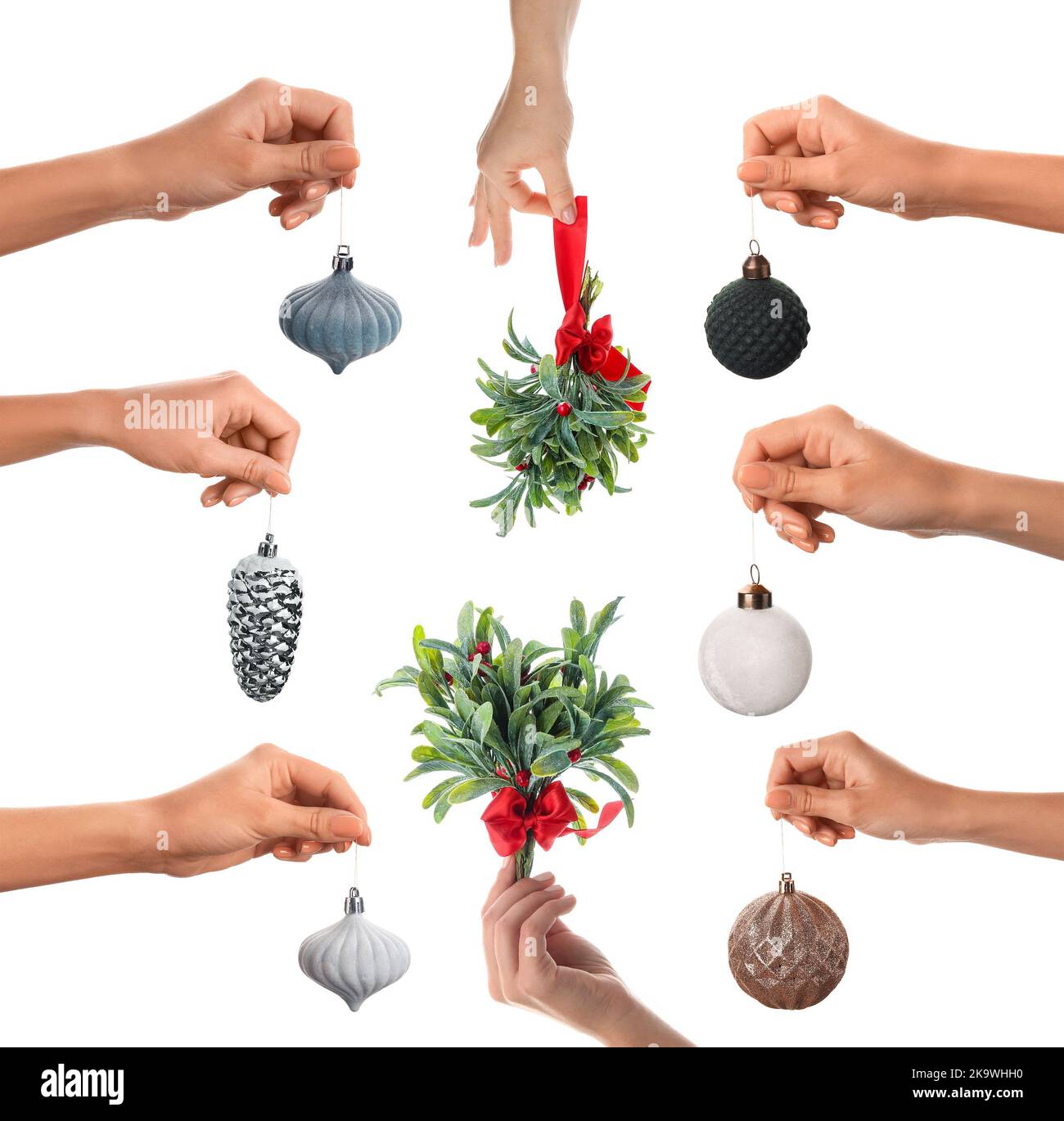 Collage of female hands with Christmas decorations and mistletoe ...