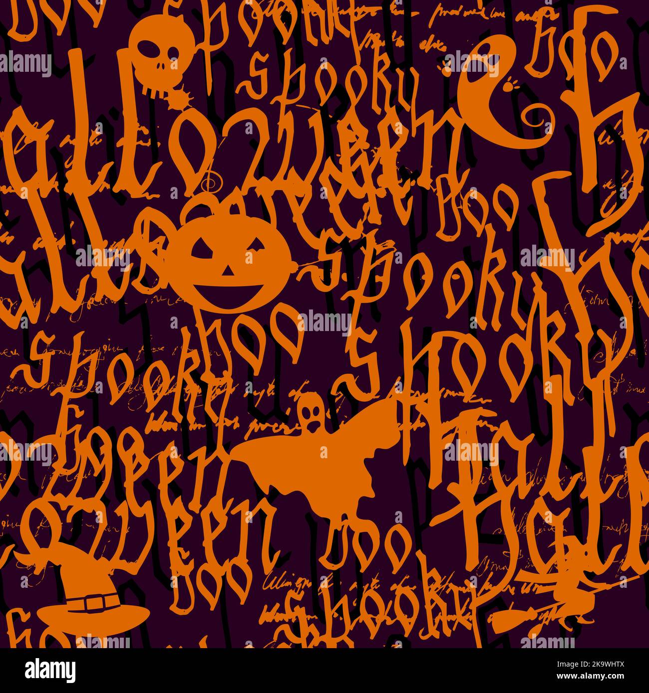 Happy Halloween seamless pattern with text, pumpkin, ghost, witcher ...