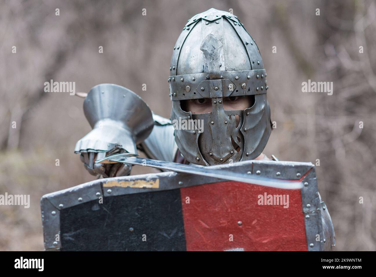 Noble warrior. Portrait of one medeival warrior or knight in armor and ...