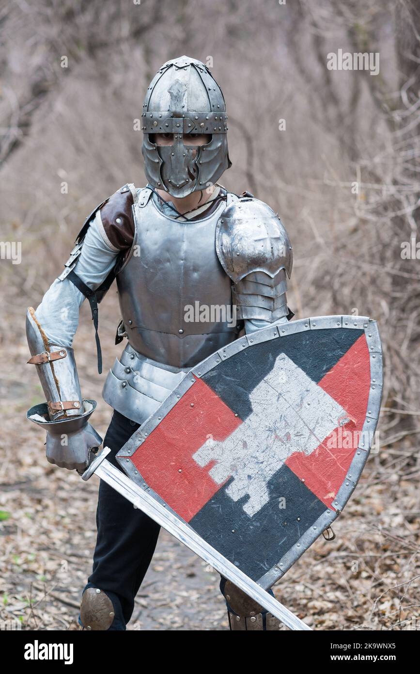 Noble warrior. Portrait of one medeival warrior or knight in armor and ...