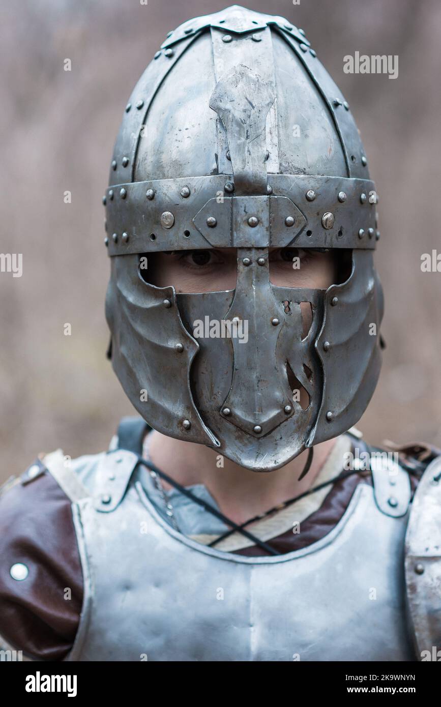 Noble warrior. Portrait of one medeival warrior or knight in armor and ...