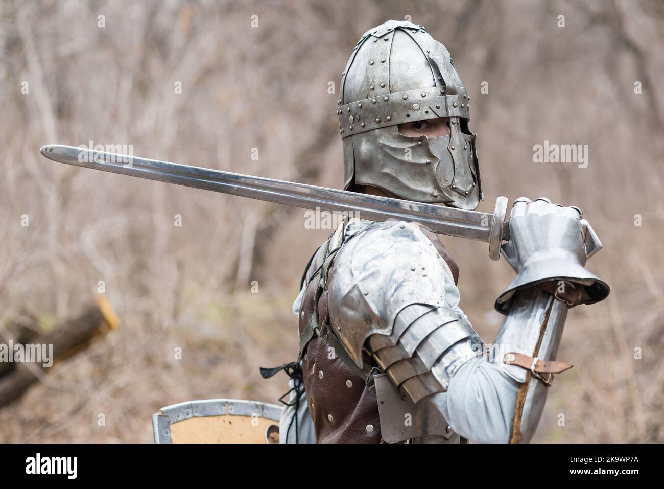 Noble warrior. Portrait of one medeival warrior or knight in armor and ...