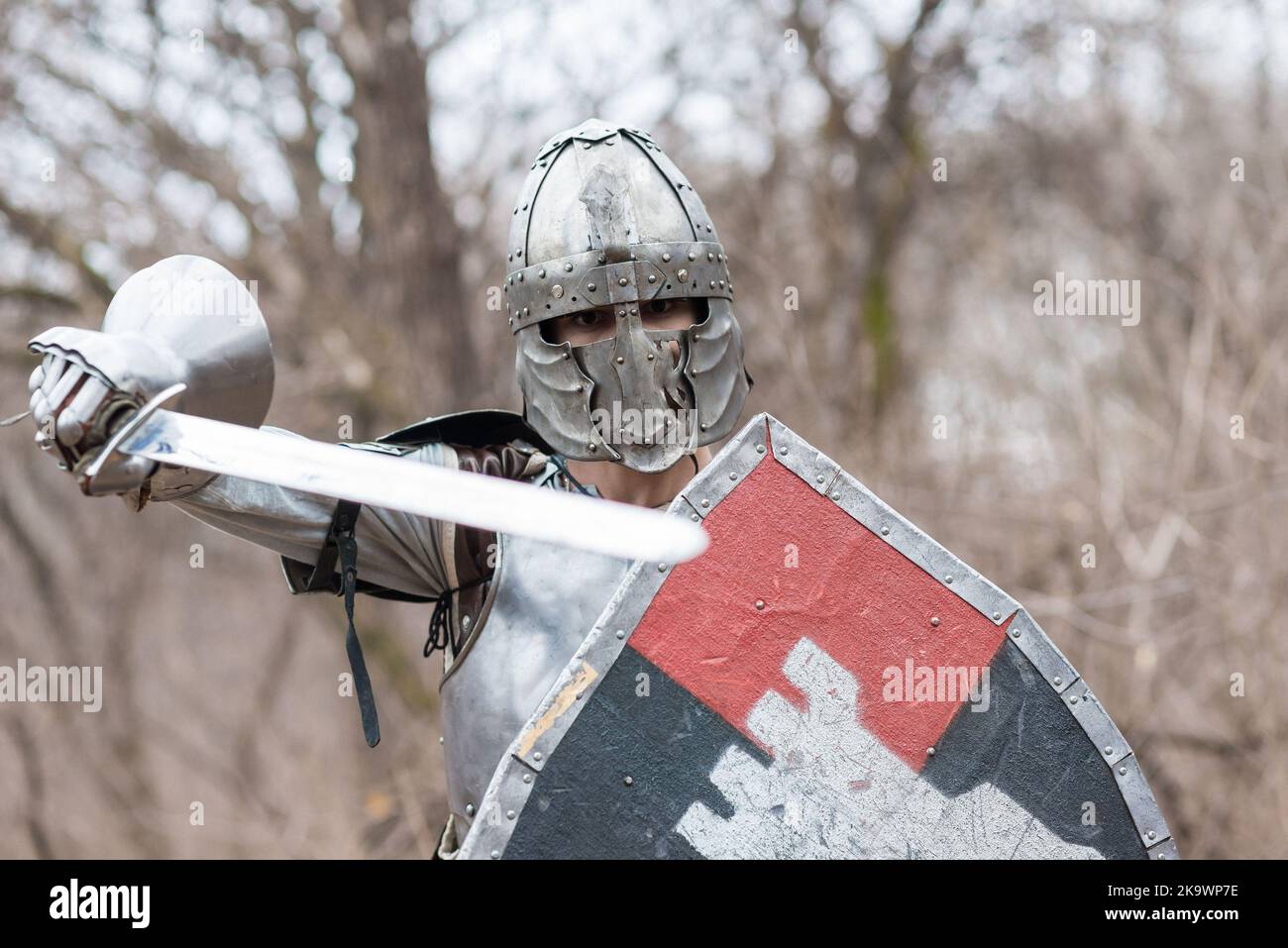 Noble warrior. Portrait of one medeival warrior or knight in armor and ...