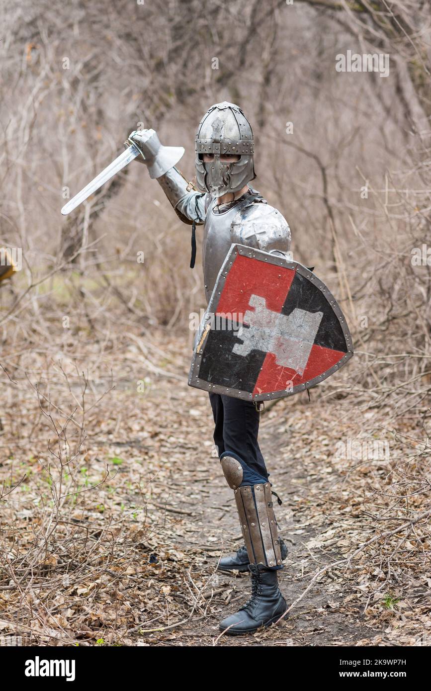 Noble warrior. Portrait of one medeival warrior or knight in armor and ...