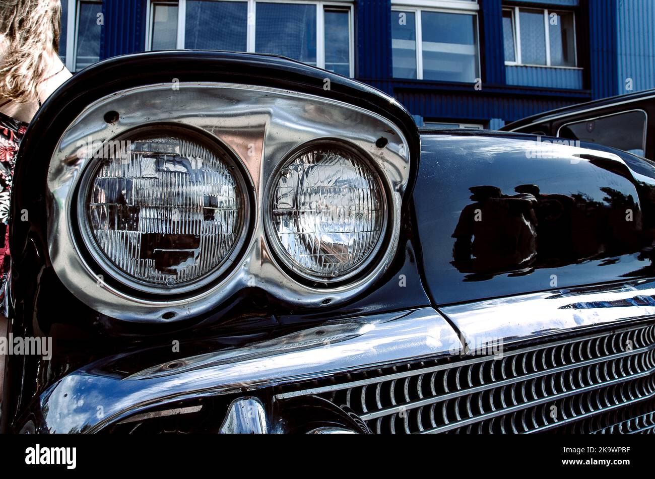 Color detail on the headlight of a vintage car, retro car dashboard ...