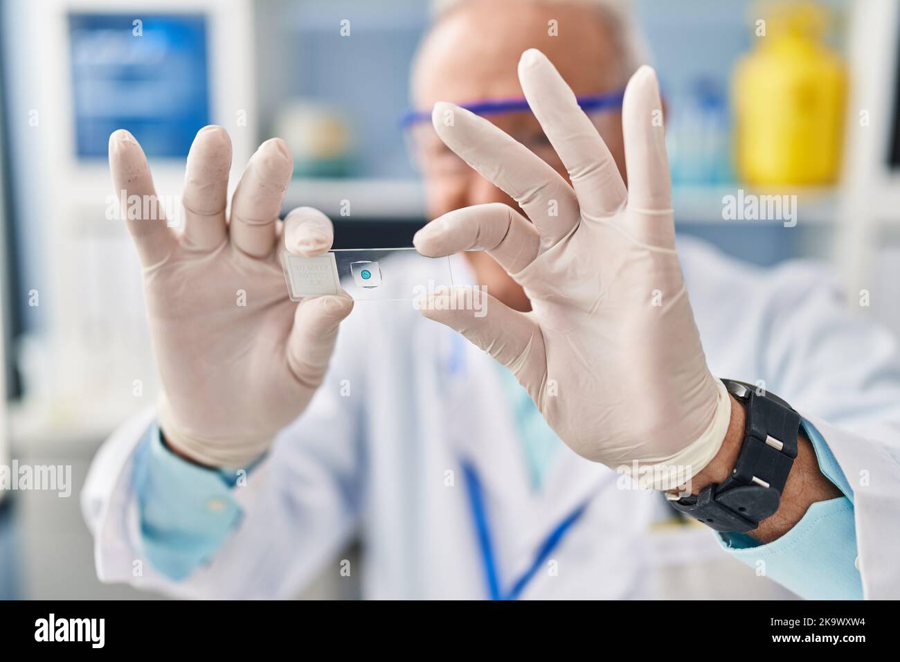 Senior man wearing scientist uniform holding sample at laboratory Stock ...