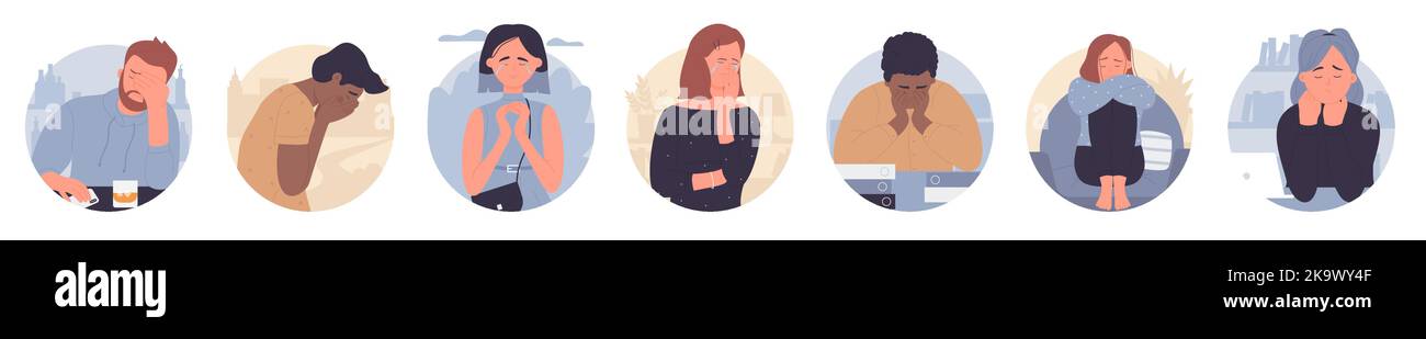 Cartoon lonely man woman suffering from grief, loneliness and pain ...