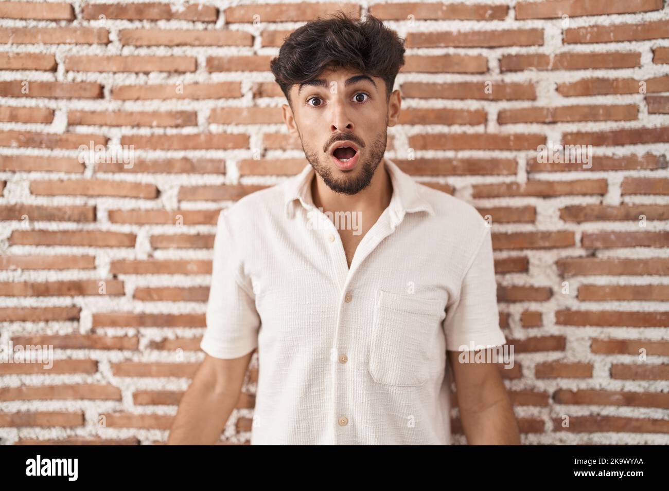 Arab man with beard standing over bricks wall background in shock face ...