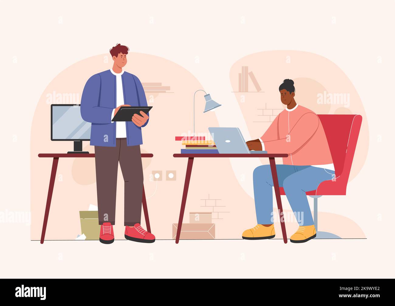 Employees work with computer and laptop in comfortable modern workspace ...