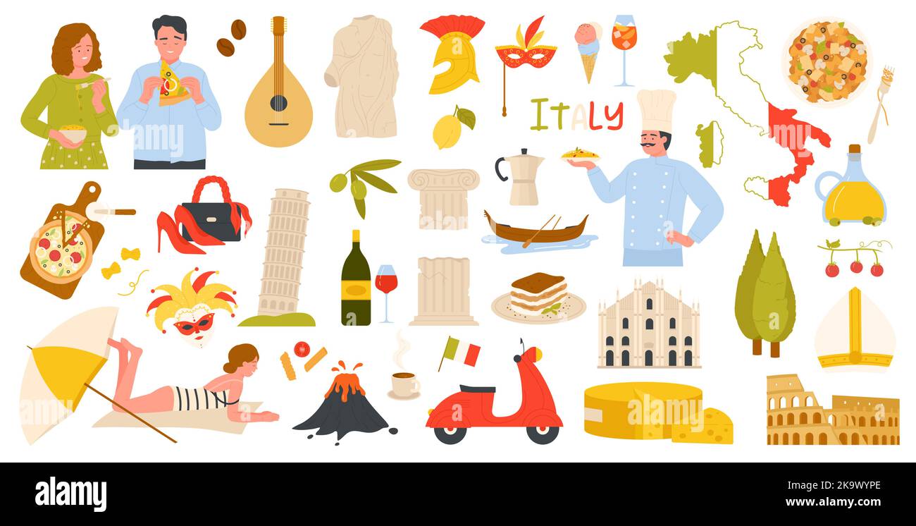 Travel to Italy set vector illustration. Cartoon isolated Italian ...
