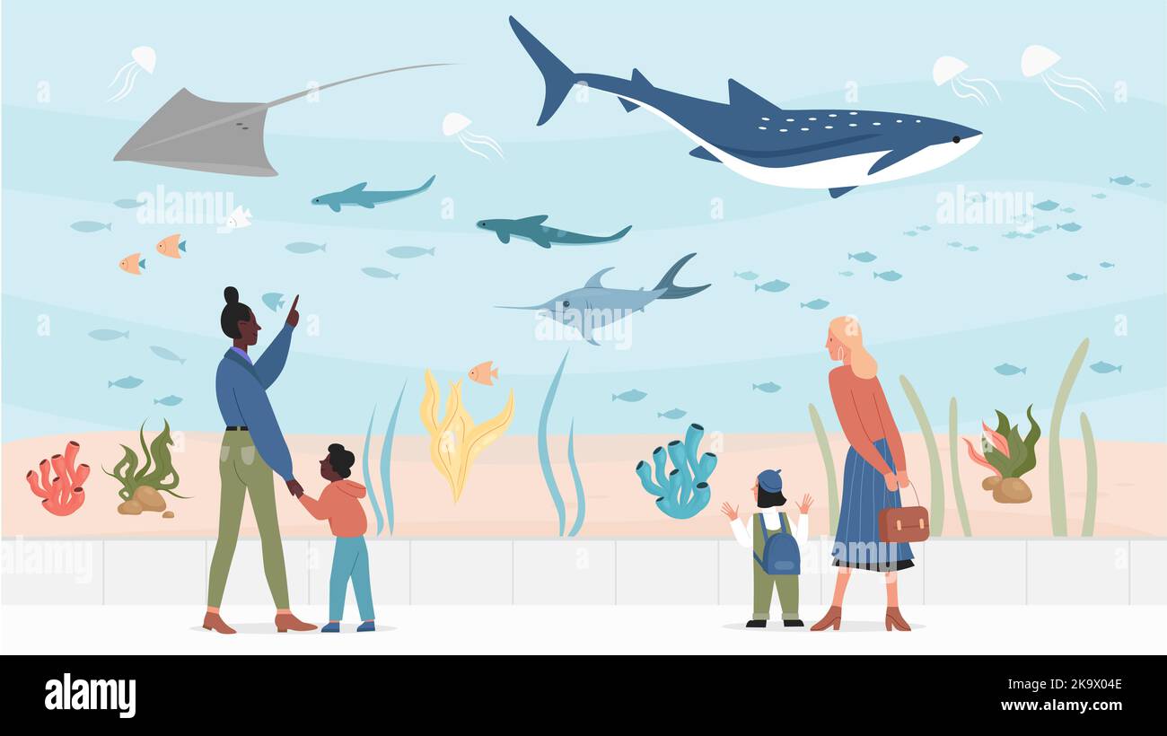 Children in oceanarium flat vector illustration. People visitors ...