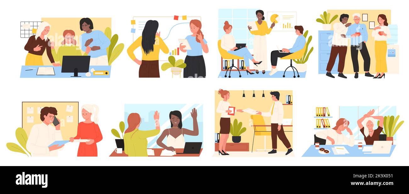 Office work and coffee break of people set vector illustration. Cartoon ...