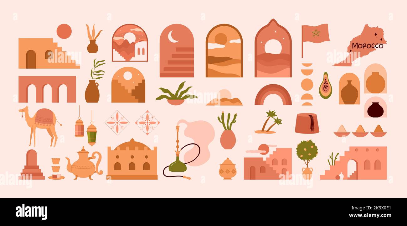 Travel to Morocco set vector illustration. Cartoon isolated abstract ...