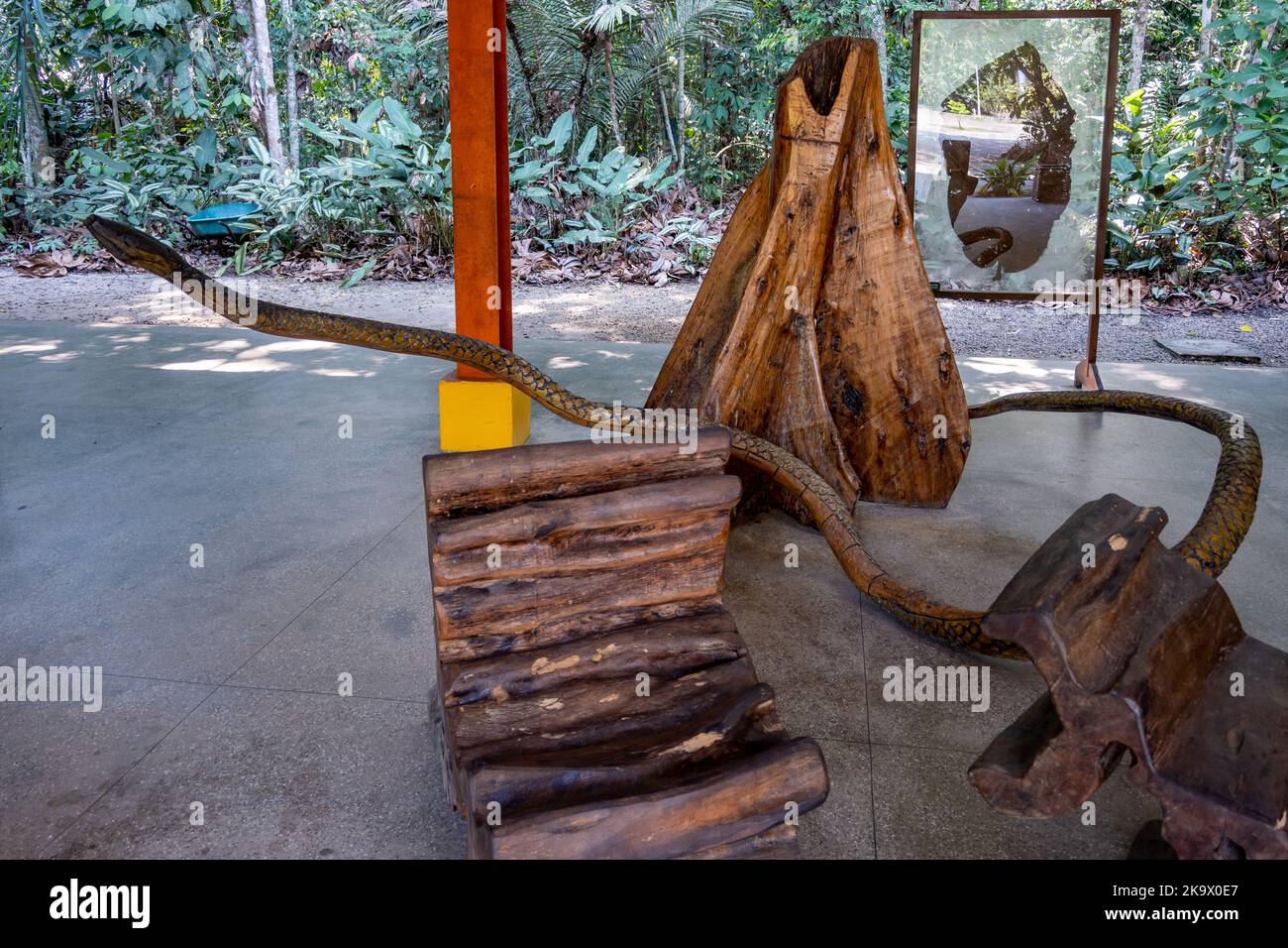 A giant snake carved out of a twisting branch in display at the Museu ...