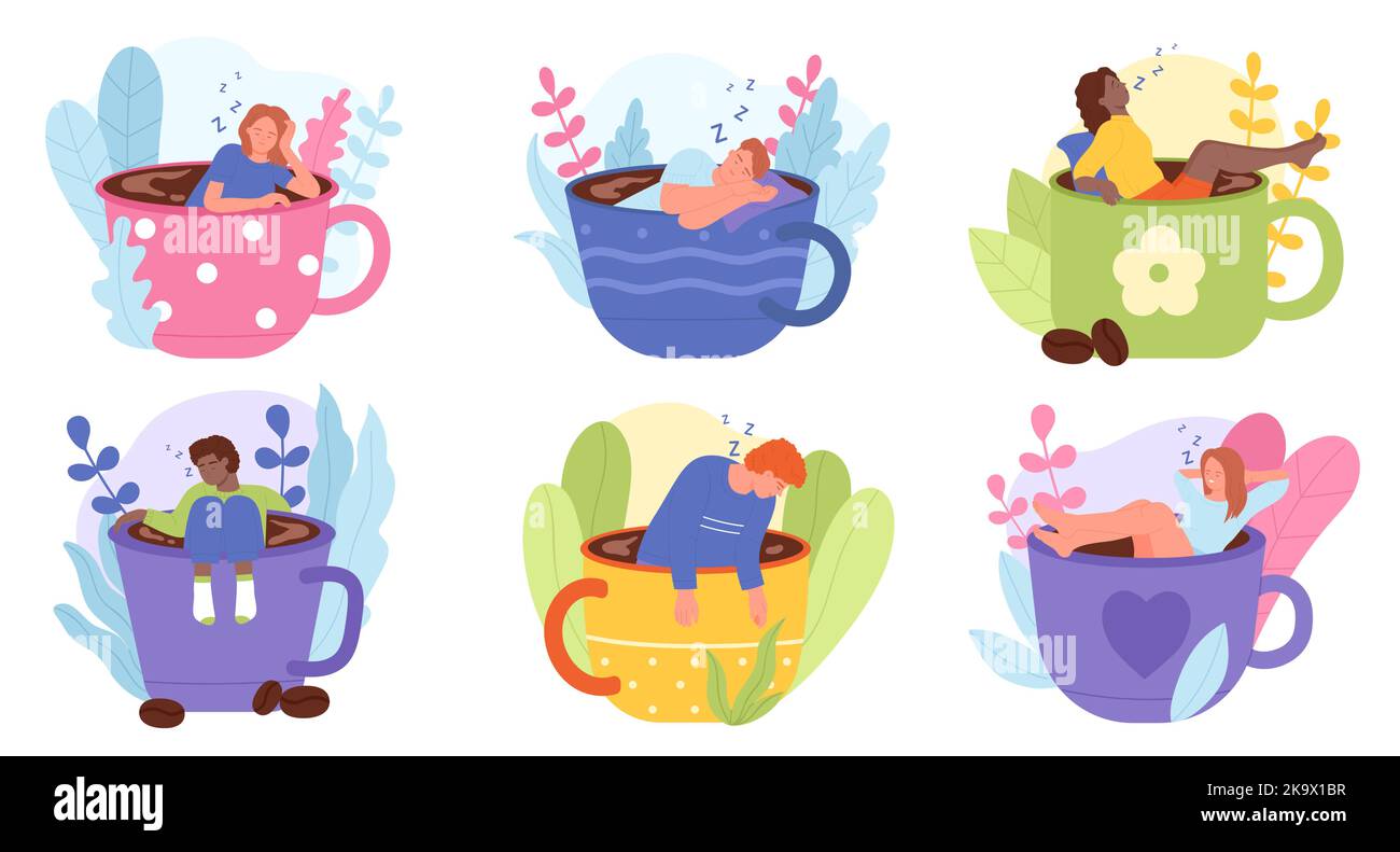 Morning coffee cups with sleepy tired funny people set vector ...
