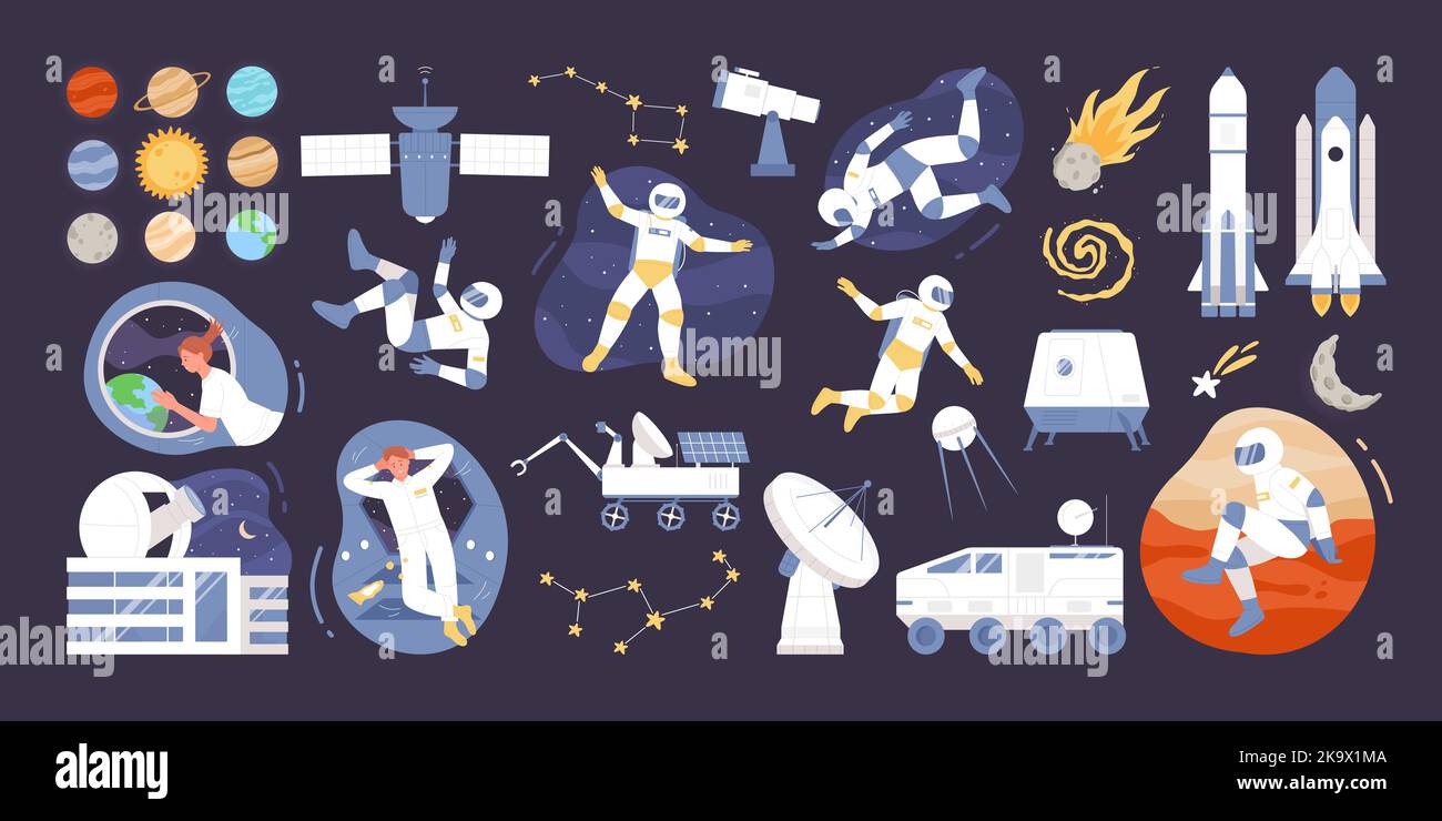 Space Discovery Set Vector Illustration Cartoon Isolated Man And Woman