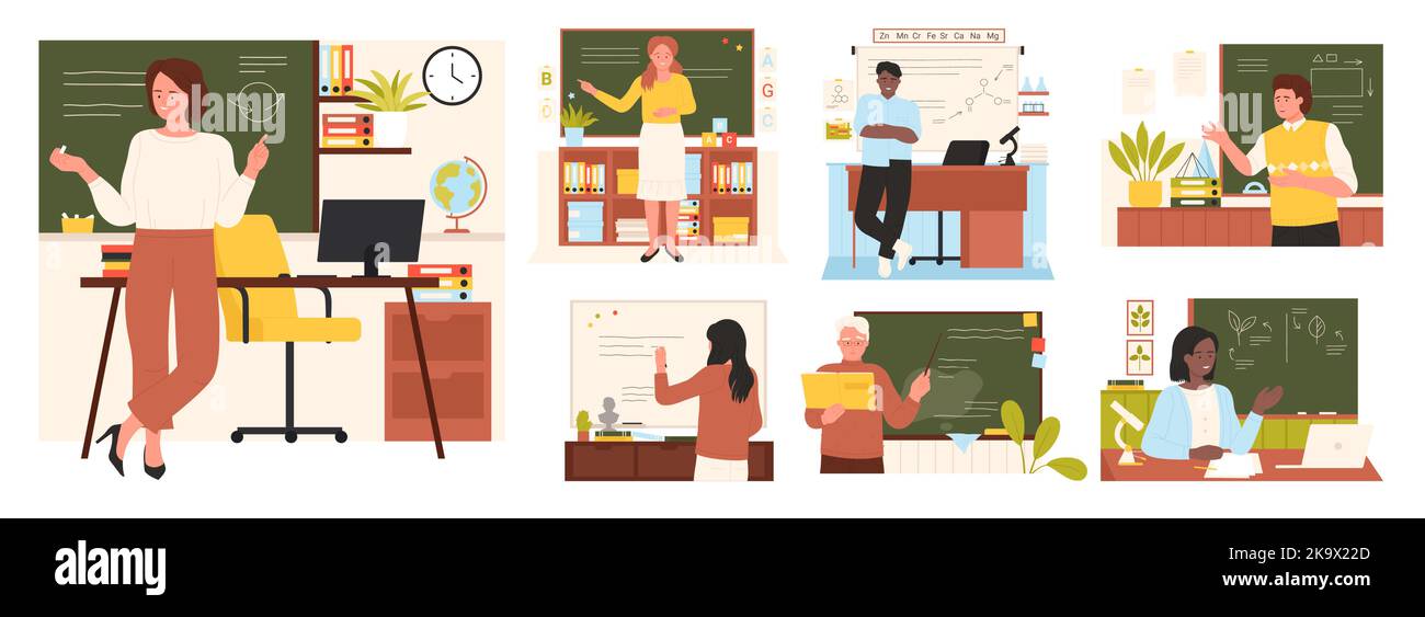 School Teachers At Blackboards Set Vector Illustration Cartoon Adult