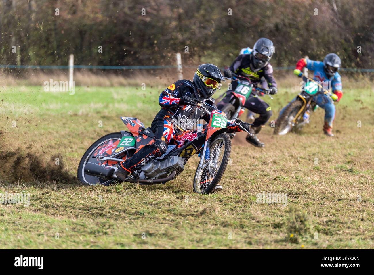 Kenzie Cossey racing in a grasstrack motorcycle race. Donut Meeting ...
