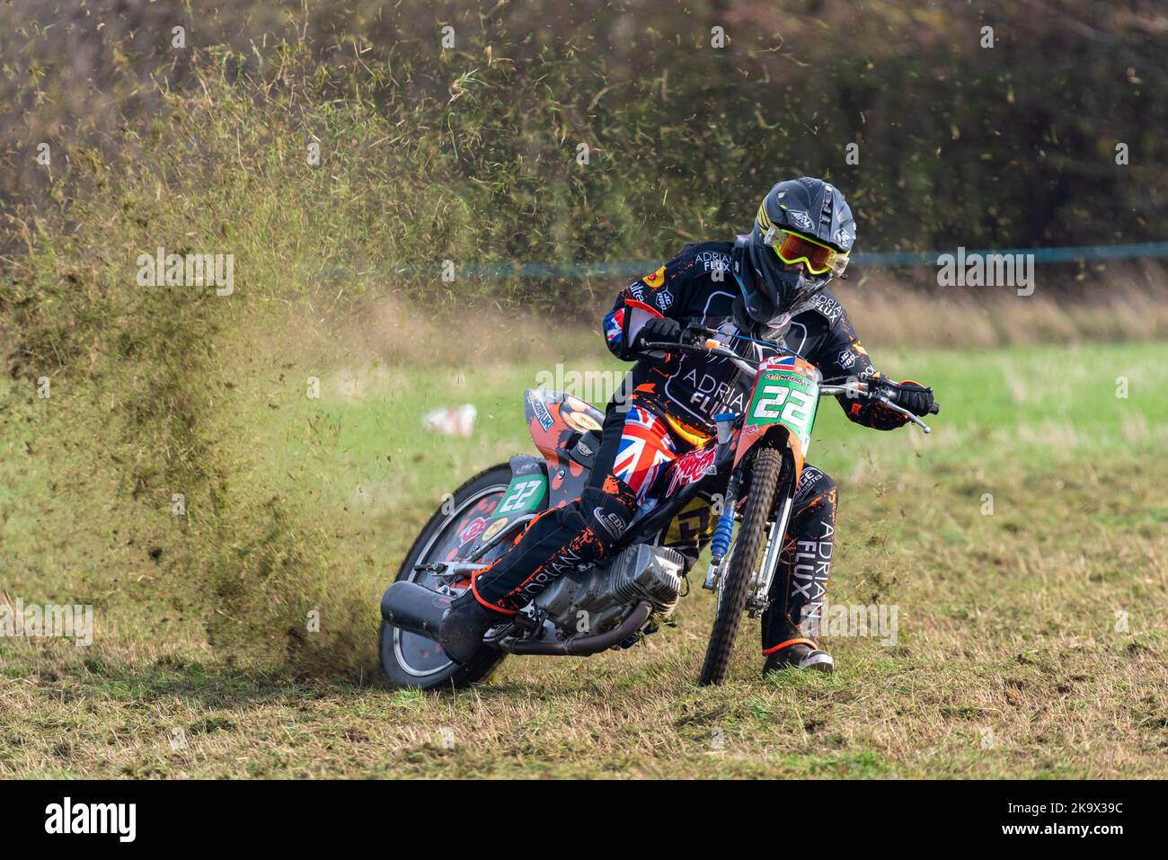 Kenzie Cossey racing in a grasstrack motorcycle race. Donut Meeting ...