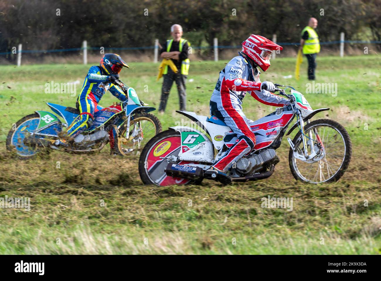 Max Derrick racing in a grasstrack motorcycle race. Donut Meeting event ...