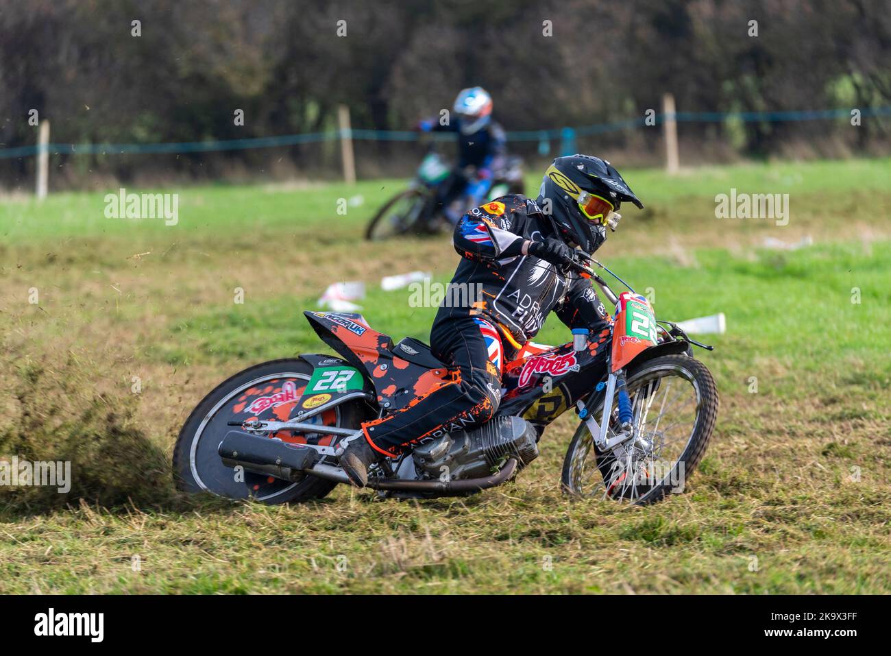 Kenzie Cossey racing in a grasstrack motorcycle race. Donut Meeting ...