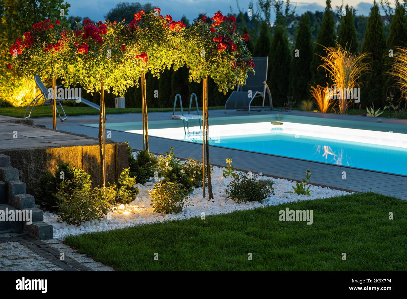 Modern Illuminated Residential Outdoor Swimming Pool, Poolside and the ...