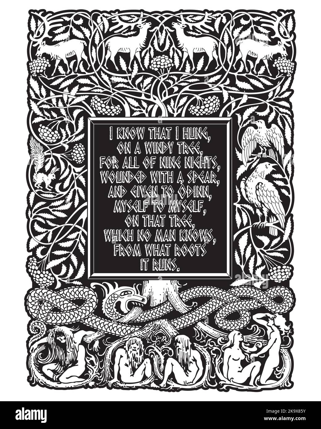 Vintage engraving. The Tree of Life in Norse mythology, animals and ...