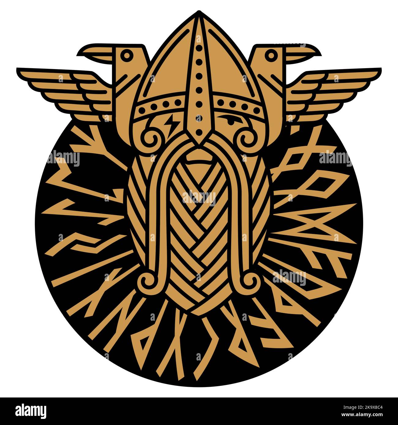 God Wotan and two ravens in a circle of Norse runes. Illustration of ...