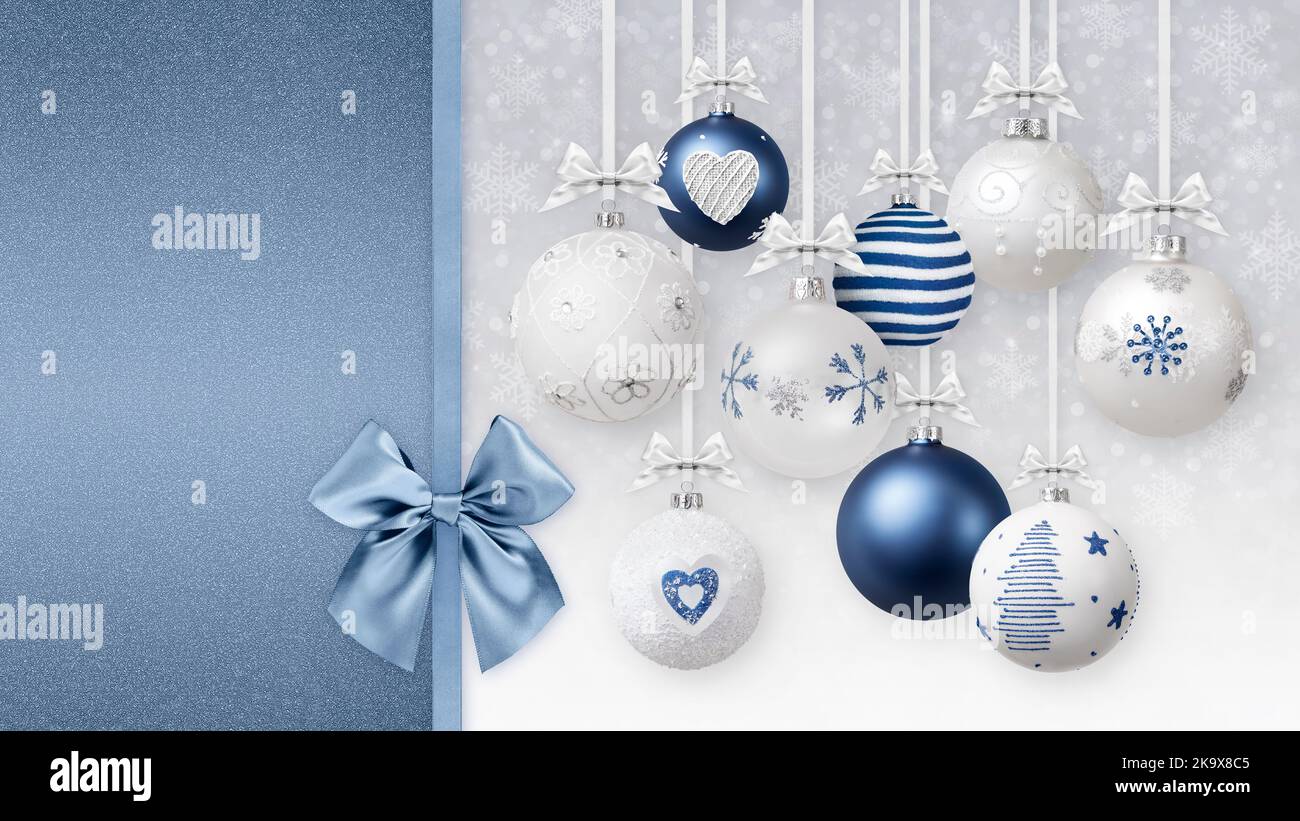 Merry Christmas decorative blue and white balls with shiny ribbons bows ...