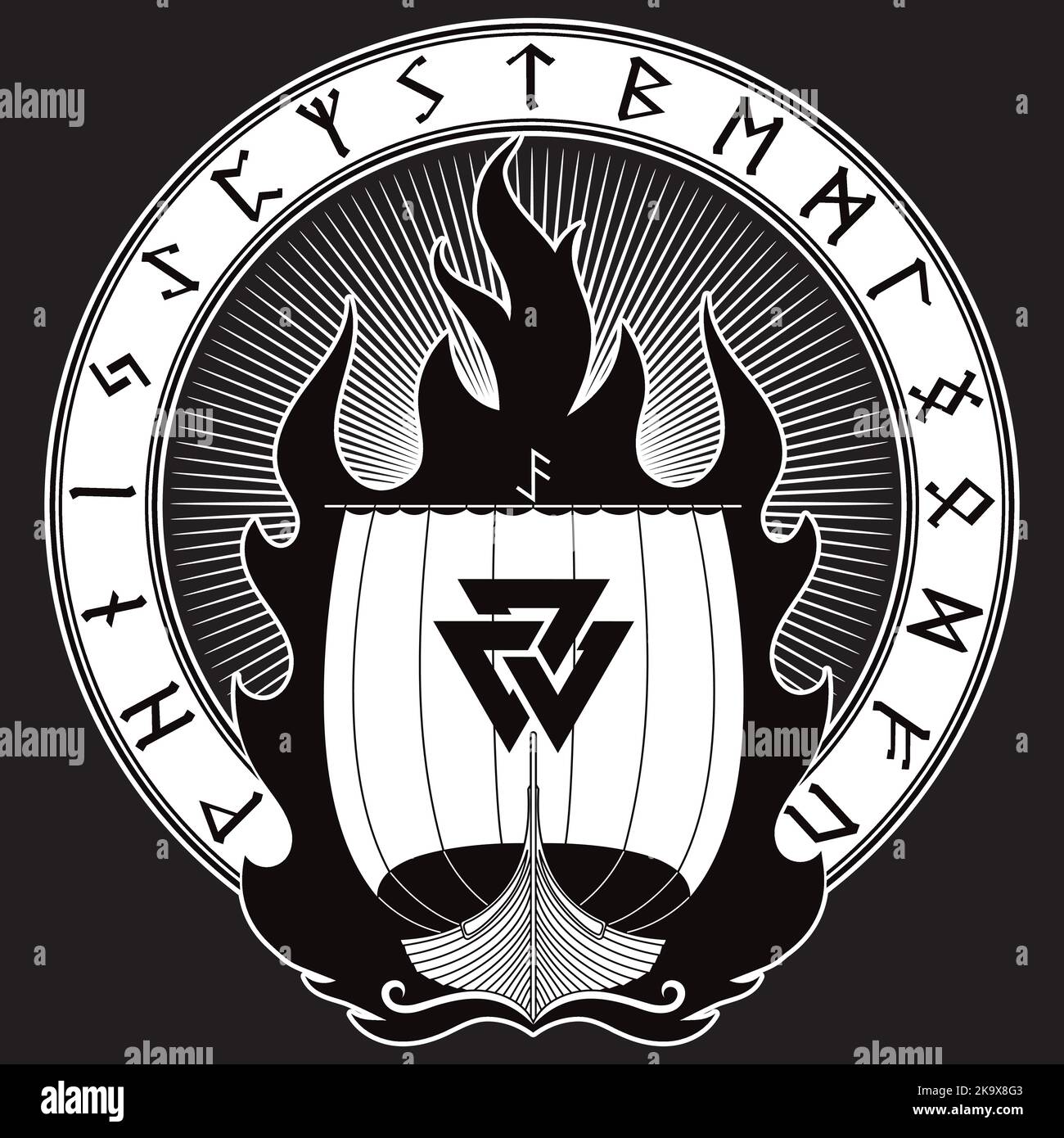 Warship of the Vikings. Drakkar on fire and norse runes Stock Vector ...