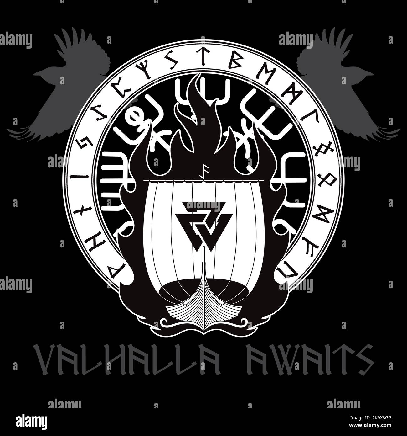 Warship of the Vikings. Drakkar on fire and norse runes Stock Vector ...