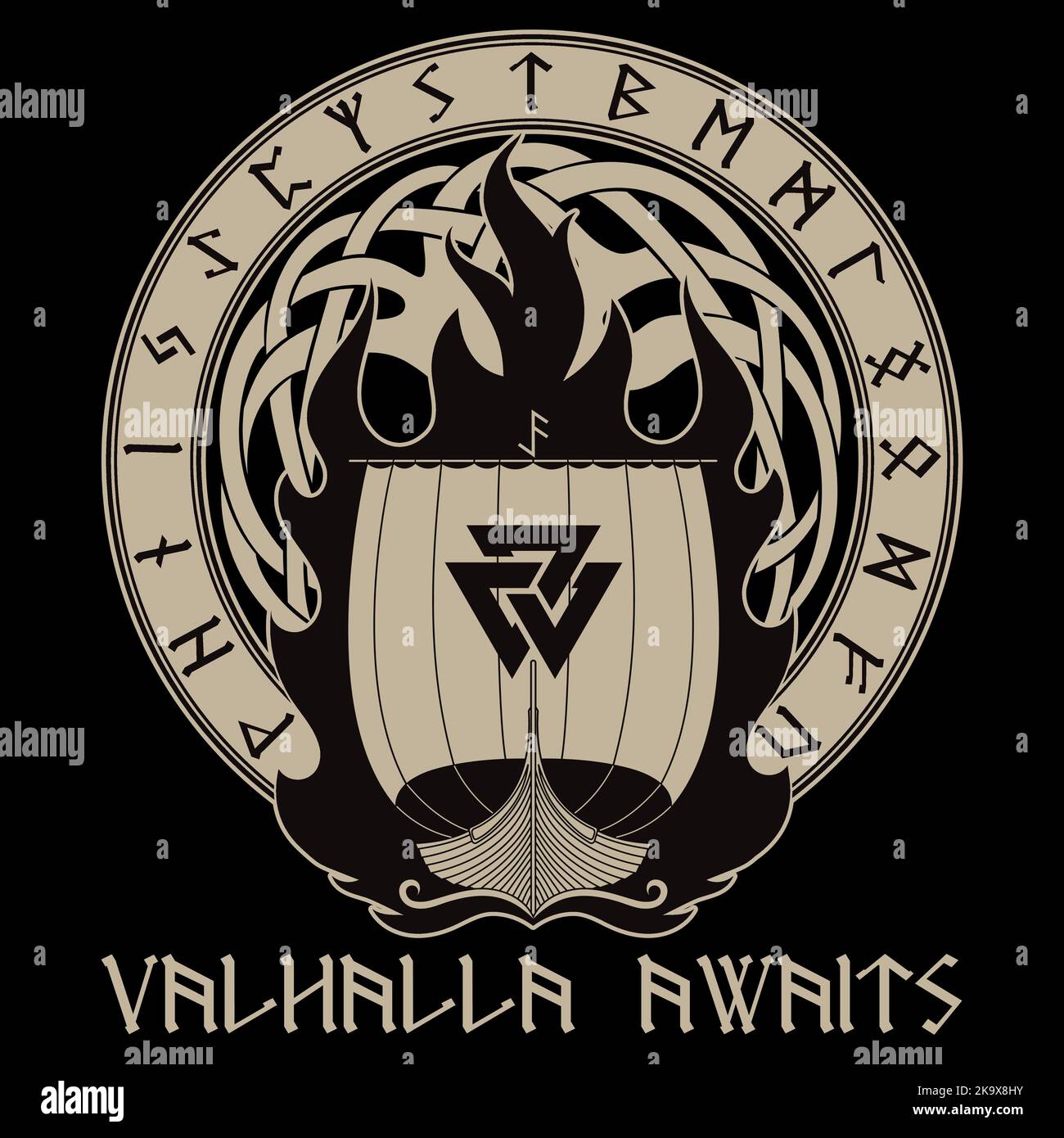 Warship of the Vikings. Drakkar on fire and norse runes Stock Vector ...