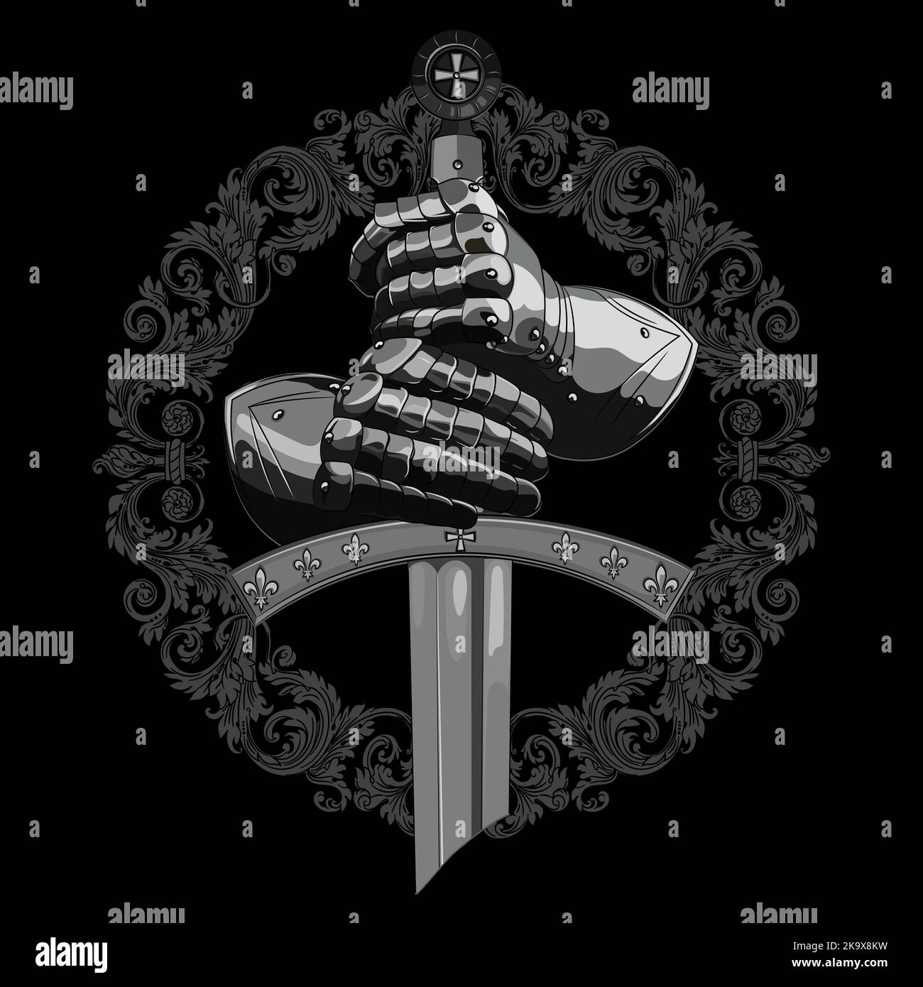 Knight design. Armour gloves of the knight, shield and the sword of the ...