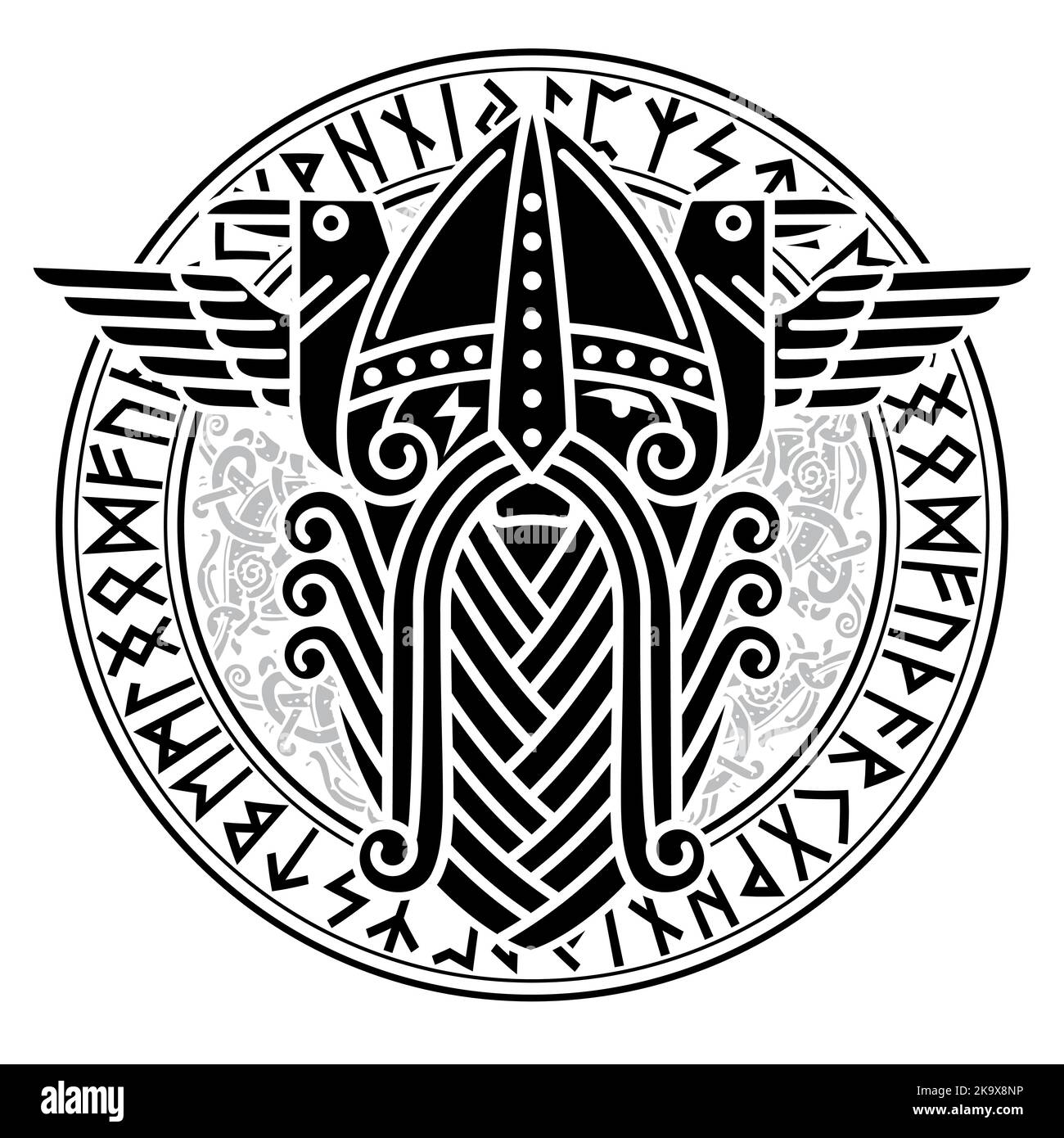 God Wotan and two ravens in a circle of Norse runes. Illustration of ...