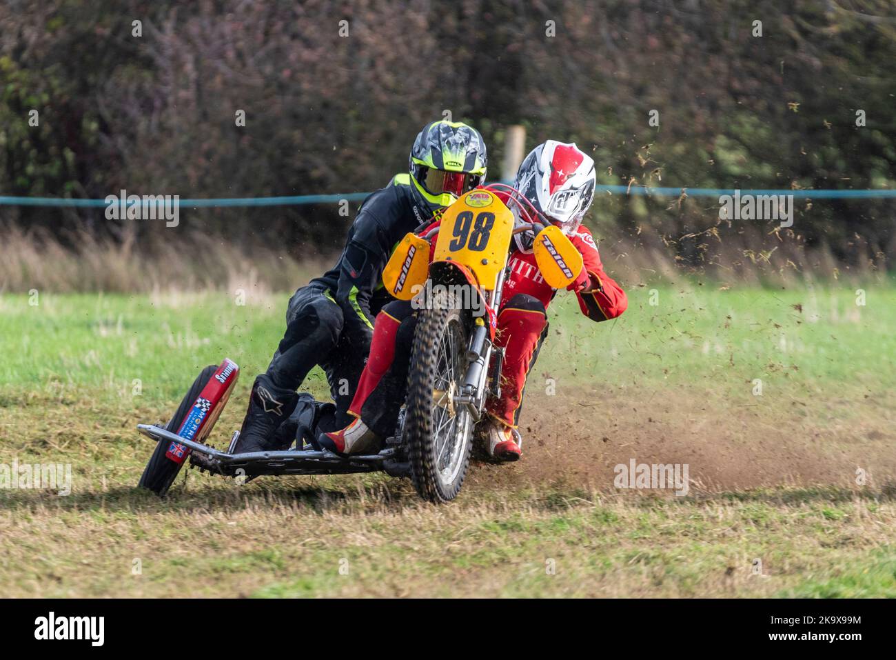 Paul Smith & Tobias Vere racing in a grasstrack motorcycle race. Donut ...