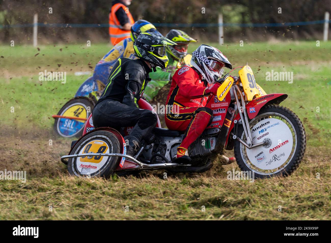 Paul Smith & Tobias Vere racing in a grasstrack motorcycle race. Donut ...