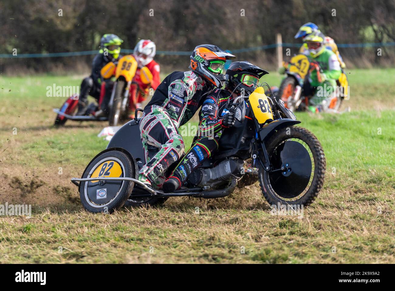 Benjamin Ilsley & Luke Russell racing in grasstrack motorcycle sidecar ...