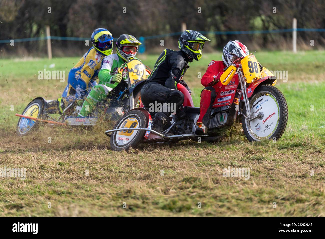Paul Smith & Tobias Vere racing in a grasstrack motorcycle race. Donut ...