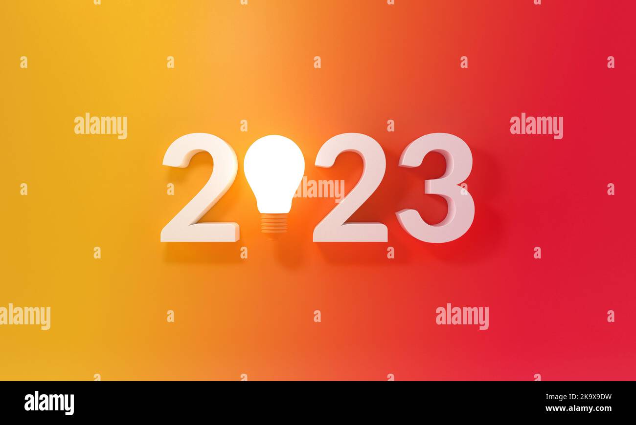 New Year 2023 with a light bulb on gradient yellow orange background. creativity inspiration ...