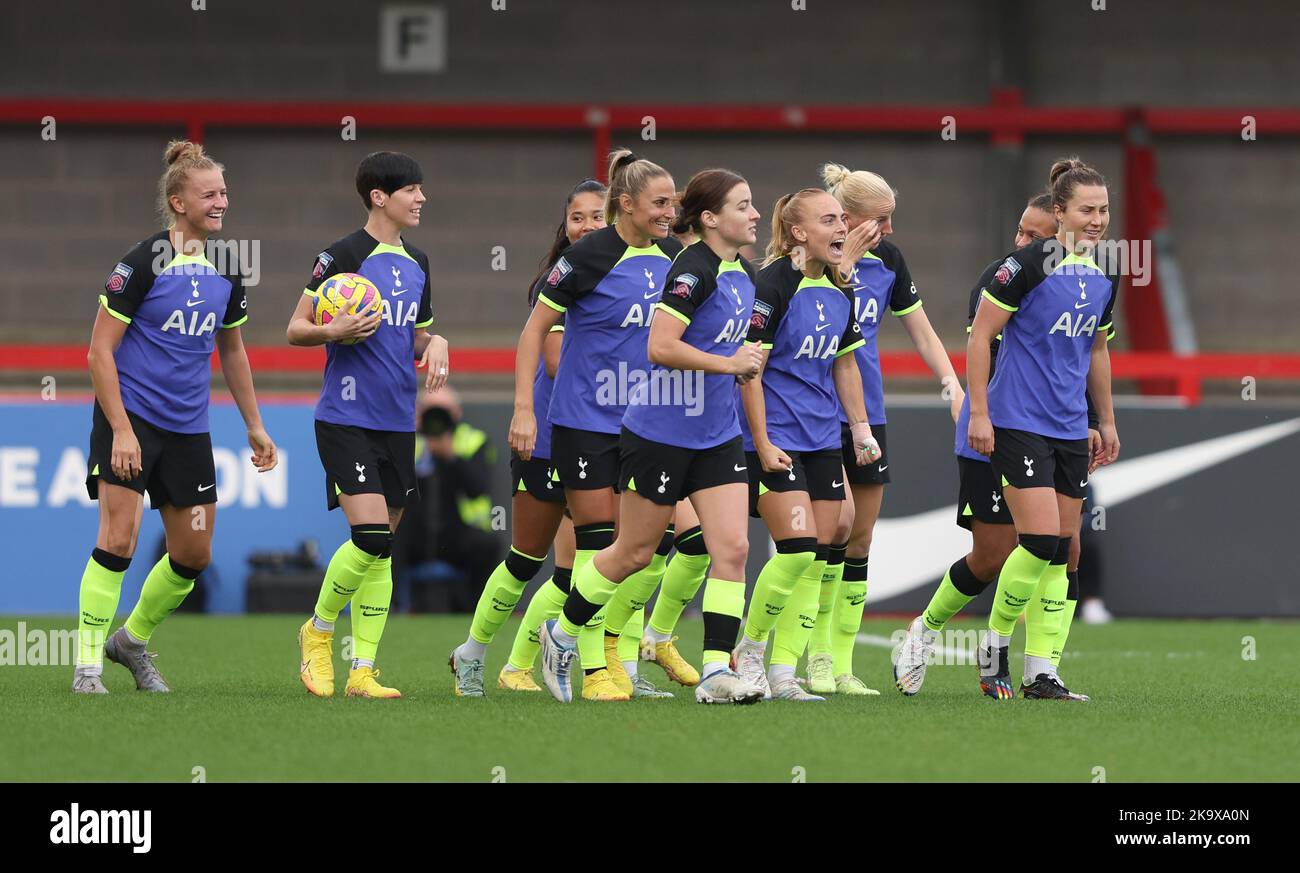 Crawley, UK. 30th Oct, 2022. Tottenham's Molly Bartrip celebrates ...
