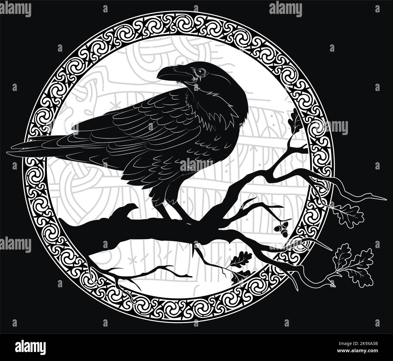 Black crow sitting on a branch of an oak tree, and Scandinavian runes ...