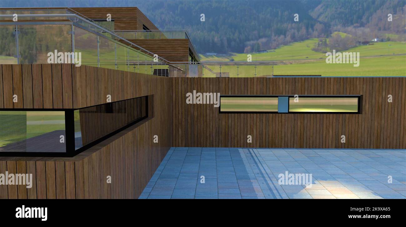 Sun glare on the paving stones of a modern private estate. Finishing ...