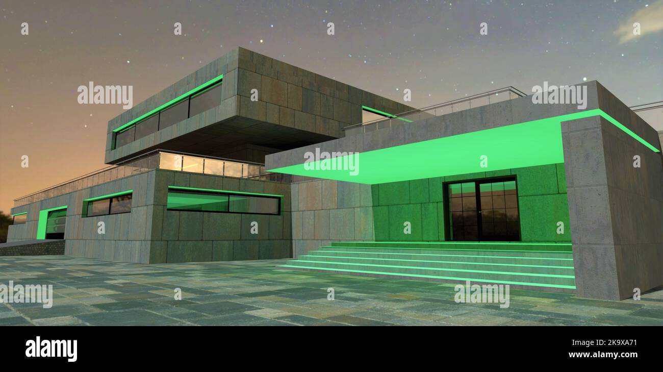 Green LED lighting of the front part of a country modern building ...