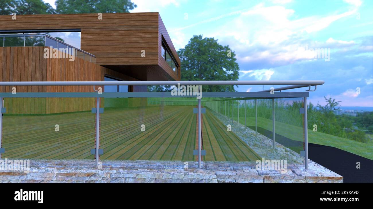 Glass panel railing with steel framing around a wood covered terrace ...