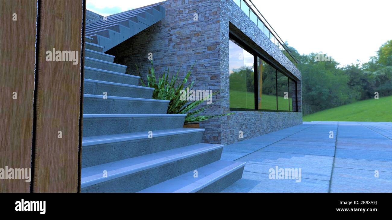 Concrete staircase to the second floor of a modern newly built house ...