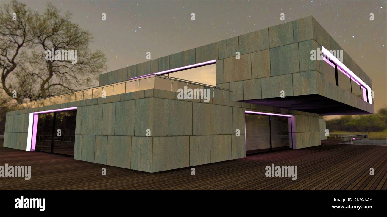 Night lighting of a stone building with a purple LED strip. It gives ...